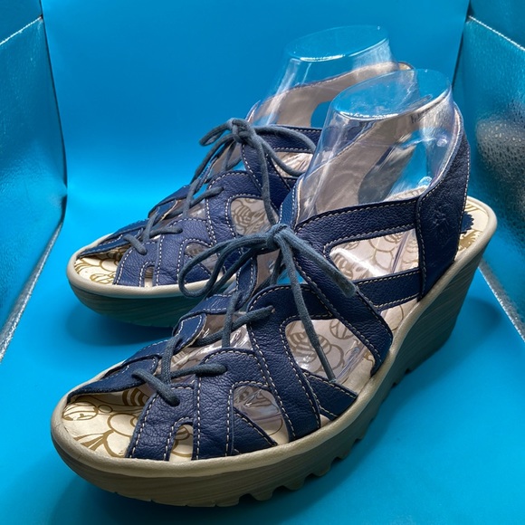Fly London | Shoes | Fly London Yapi Navy Blue Leather Wedge Sandals Sz ...